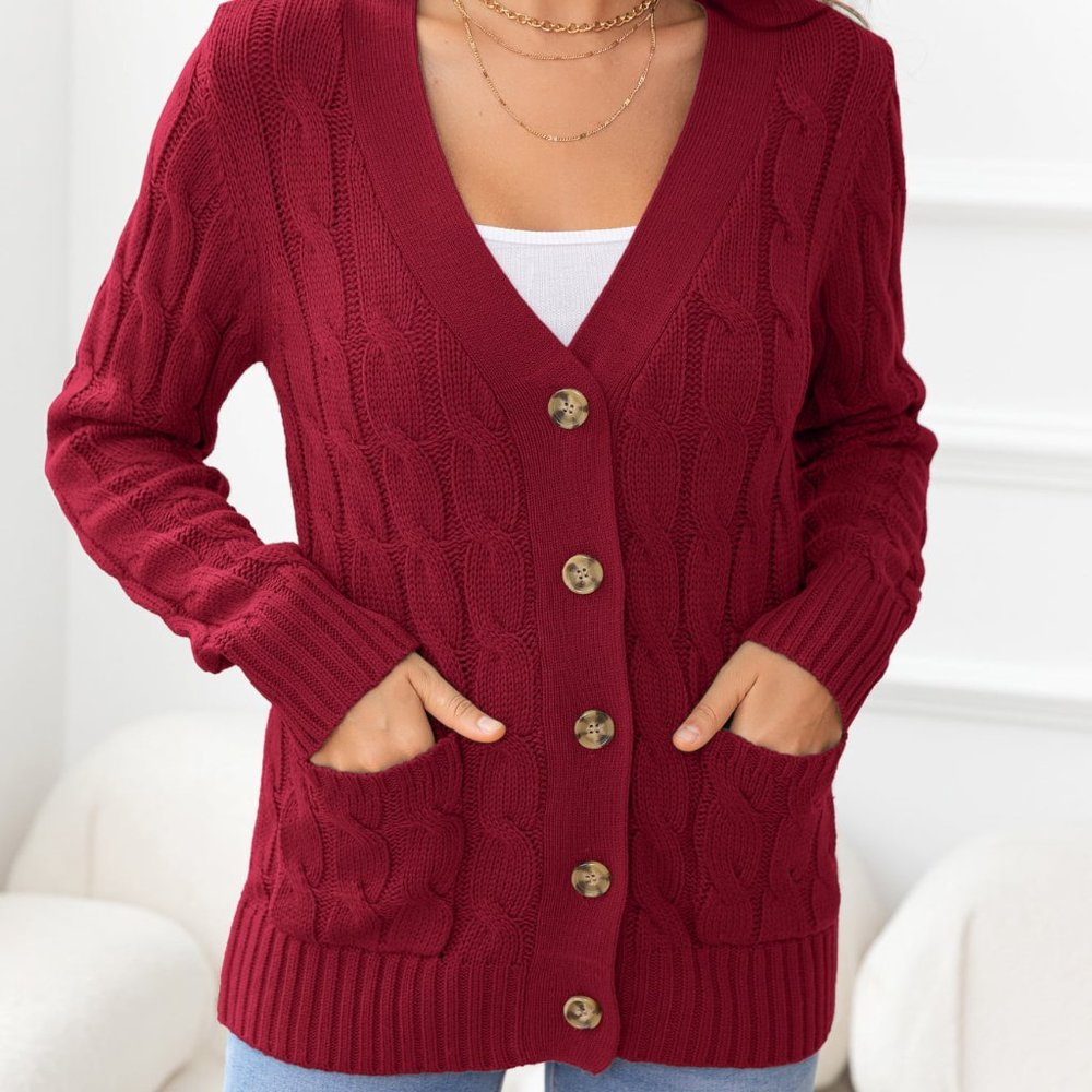 Deep Red Button Down Cable-Knit Cardigan - Gem